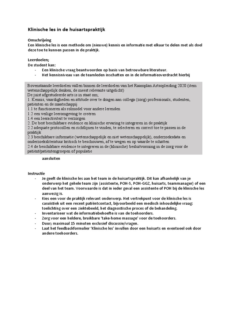 Klinische Les in Huisartspraktijk, Informatie Voor de Coassistent | PDF