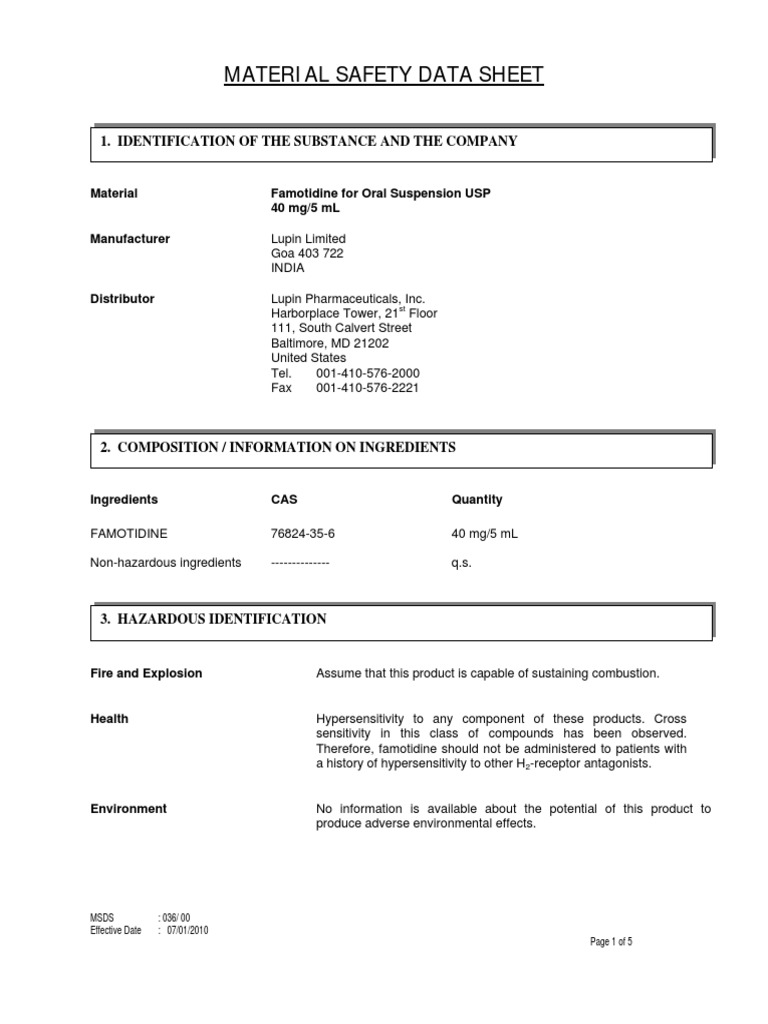 MSDS Famotidine Oral Sus - Jan 2010 | PDF | Firefighting | Water