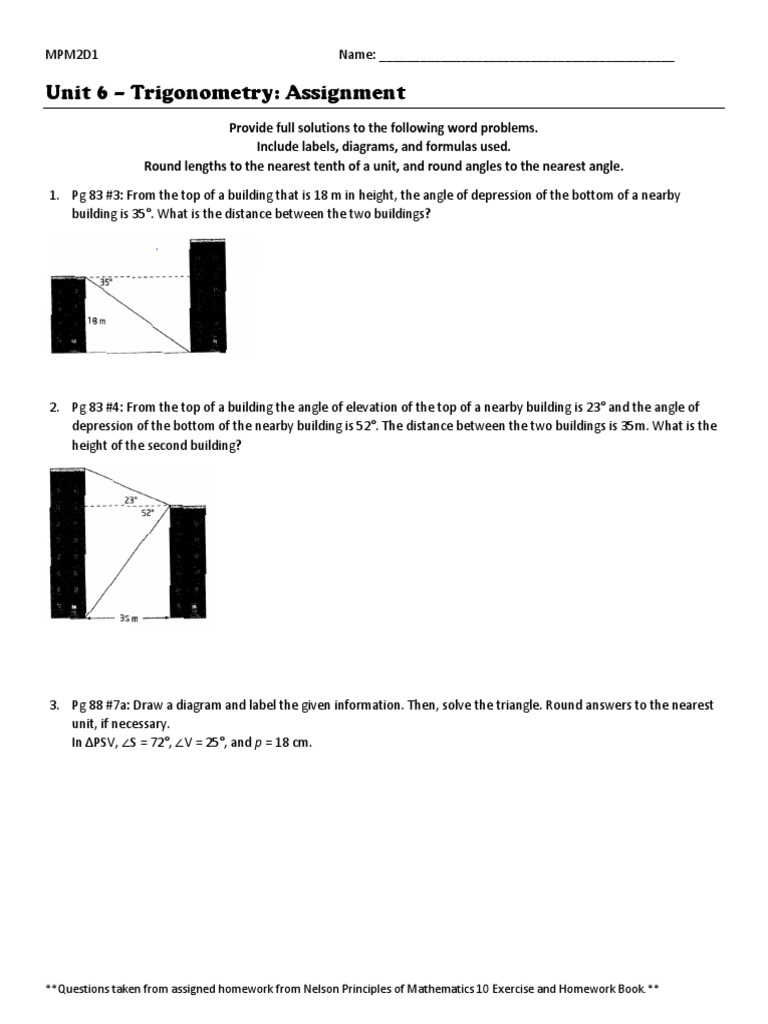 MPM2D1 - Unit 6 - Trigonometry Assignment (2) | PDF