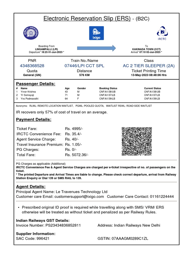 Electronic Reservation Slip (ERS) : 4348368528 07446/LPI CCT SPL Ac 2 ...
