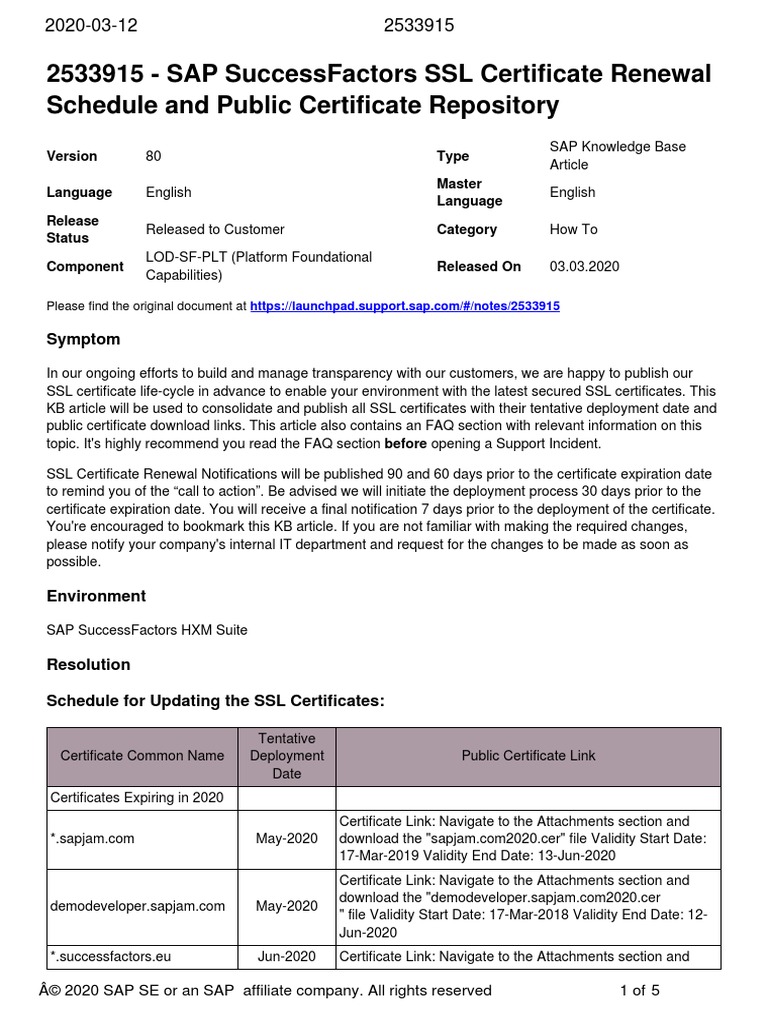 Sap Successfactors SSL Certificate Renewal Schedule and Public ...
