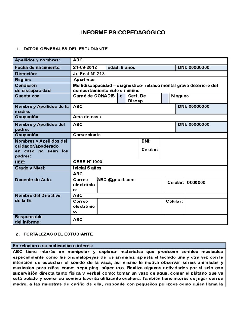 MODELO DE Informe Psicopedagógico | PDF | Aprendizaje | Comunicación