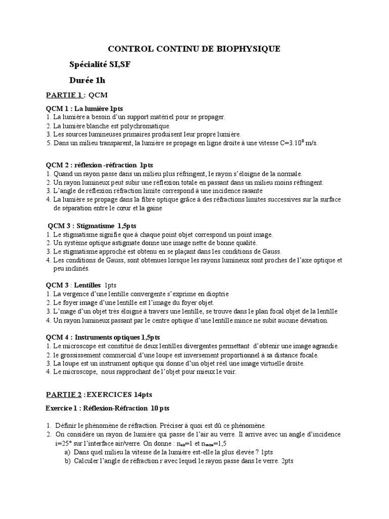 Control Continu de Biophysique | PDF