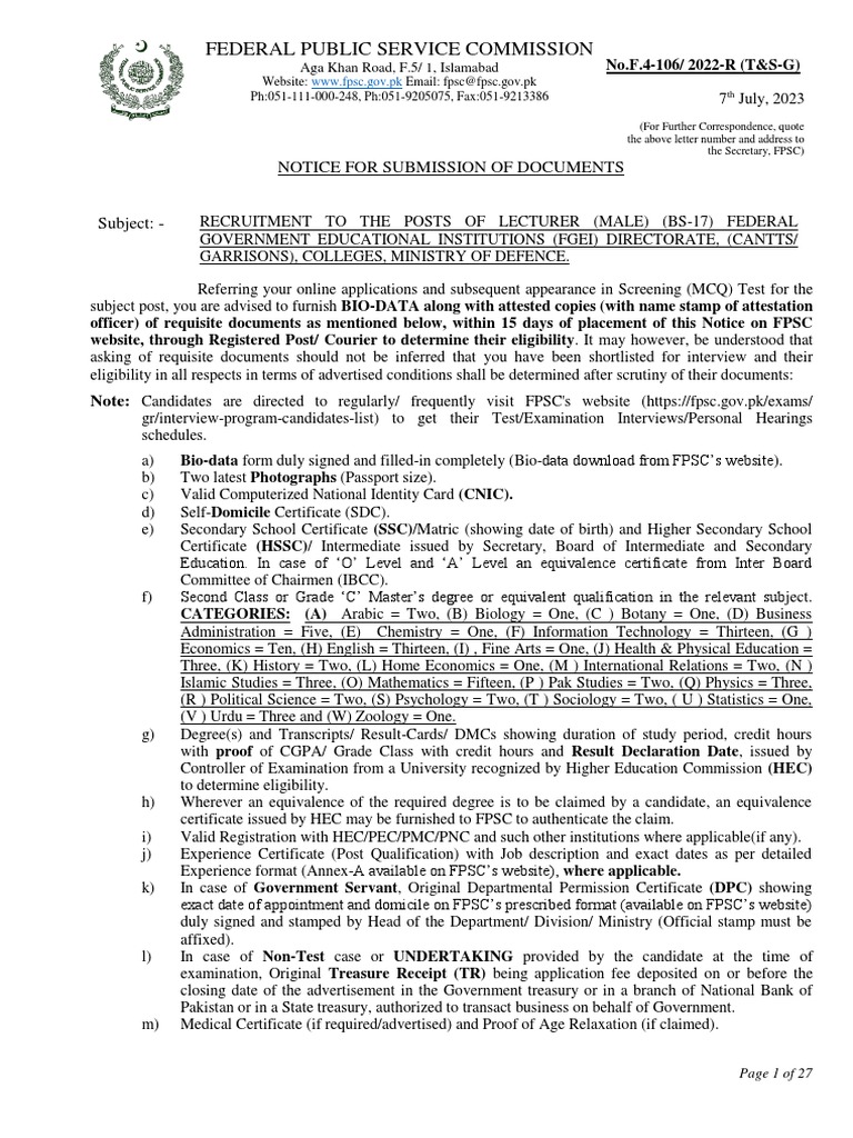 Federal Public Service Commission: Notice For Submission of Documents | PDF