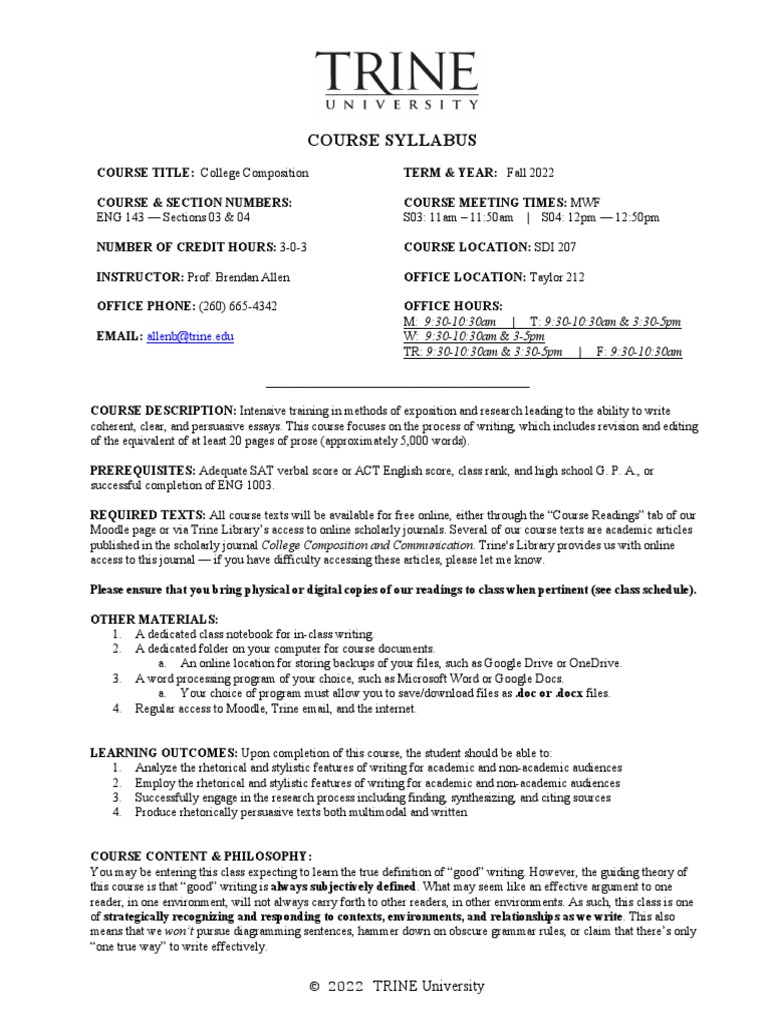 FA22 ENG143 Syllabus | PDF | Academic Dishonesty | Essays