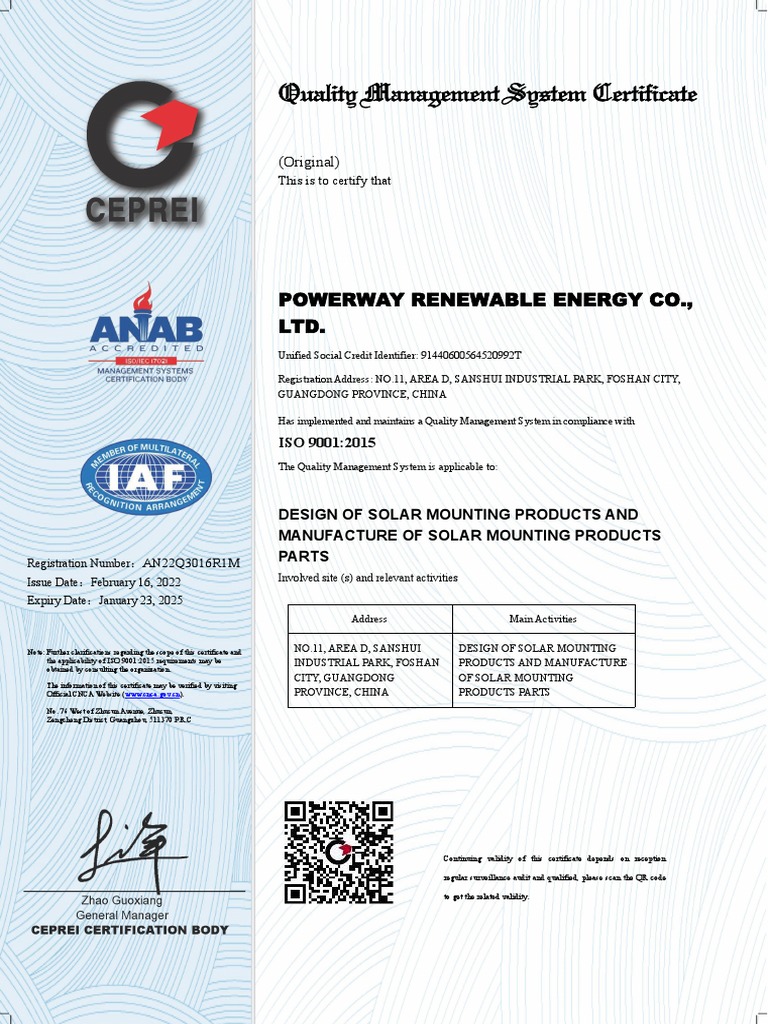 ISO 9001 Certificate for Solar Products | PDF | Iso 9000 | Quality ...