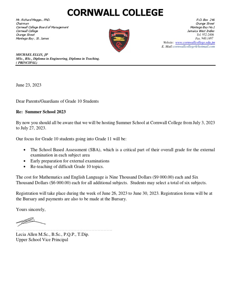 Summer School Letter to Grade 10 Parents | PDF