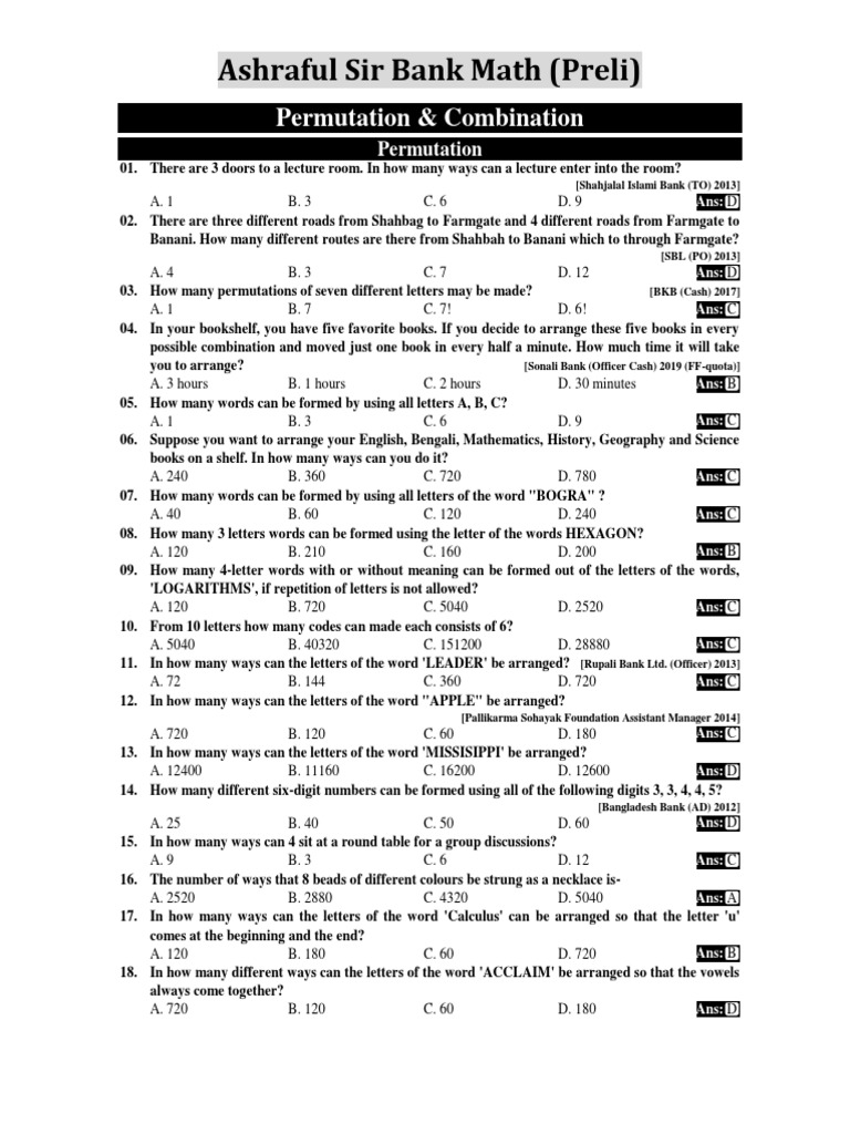 Bank Math: Permutation & Combination Problems | PDF