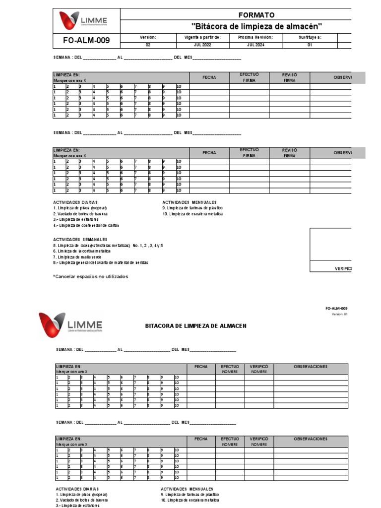 Bitácora de Limpieza de Almacén | PDF