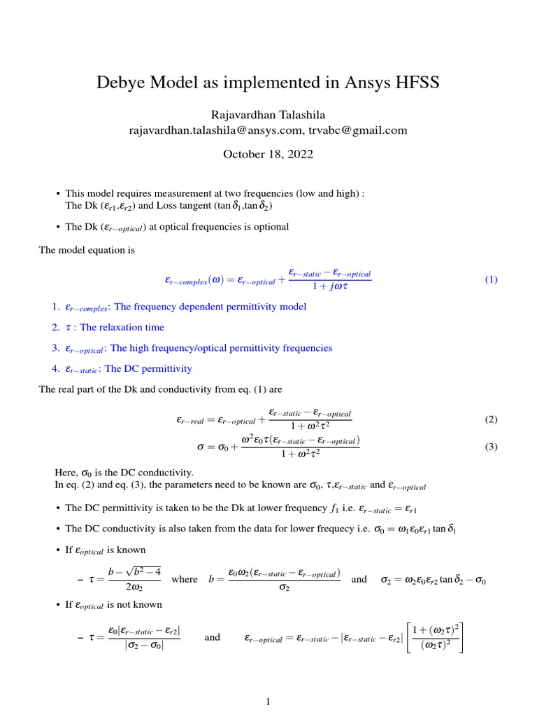 Debye Model As Implemented in Ansys HFSS: Rajavardhan Talashila October 18, 2022 | PDF