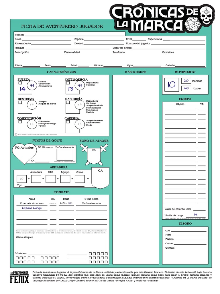 Ficha de AJ - Turquesa - Editable Autocalculable - Crónicas de La Marca | PDF