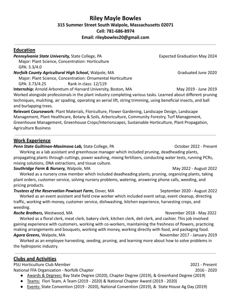 Riley Bowles Work Resume | PDF | Horticulture | Food Industry