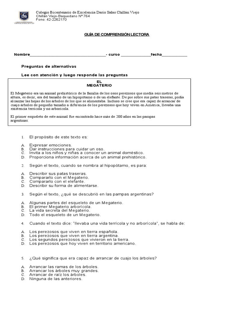 Guía de Comprensión Lectora: Megaterio y Zorrito | PDF