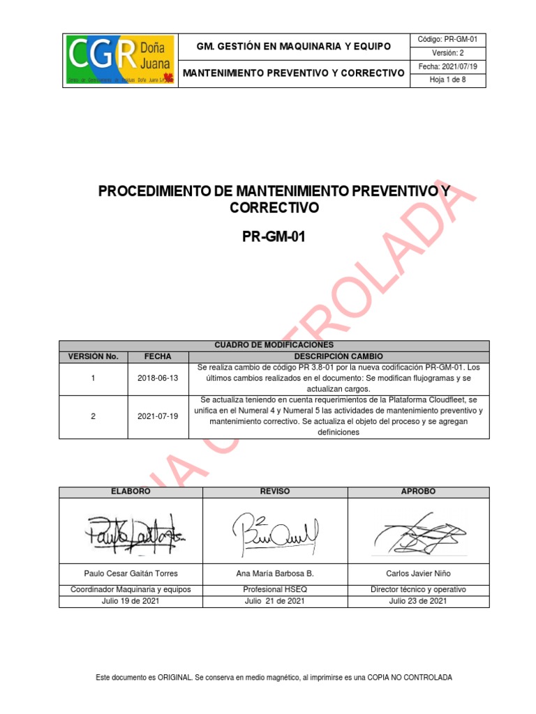 PR-GM-01 Mantenimiento Preventivo y Correctivo | PDF | Ingeniería de confiabilidad