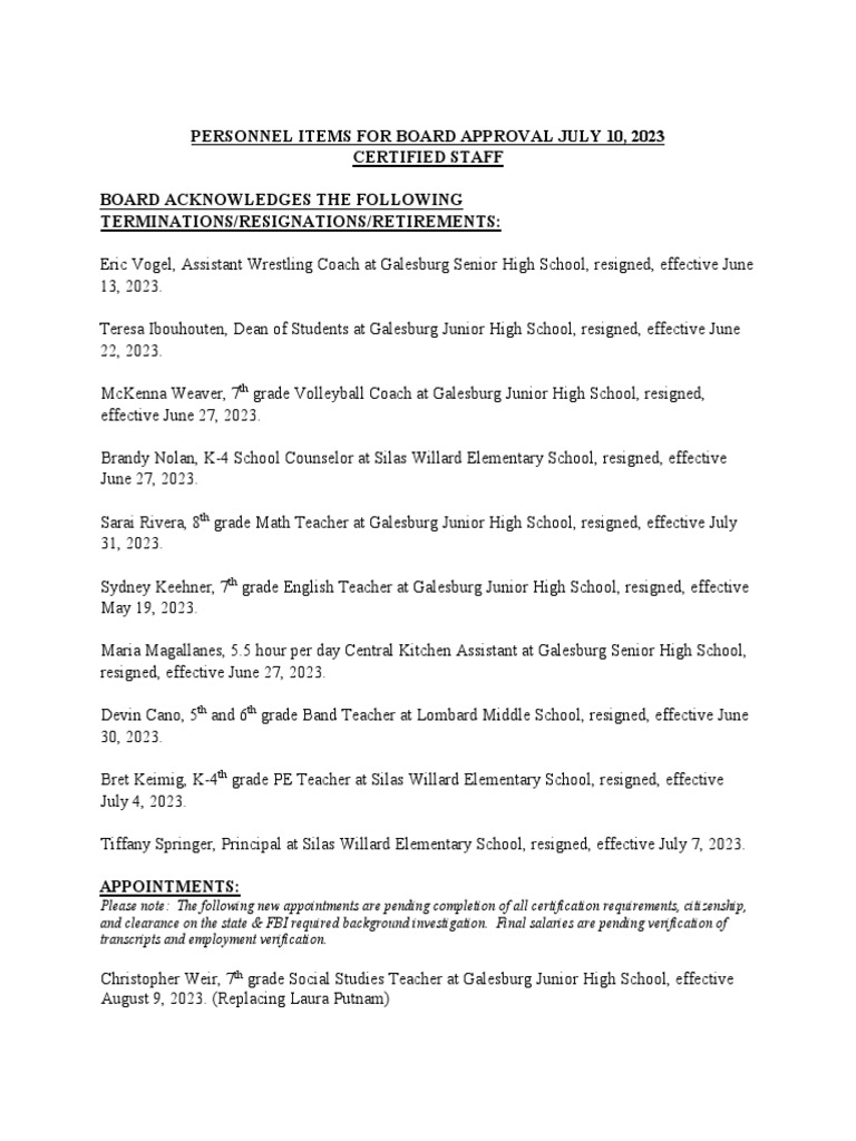 District 205 July 2023 Personnel Agenda | PDF | Middle Schools | Teaching