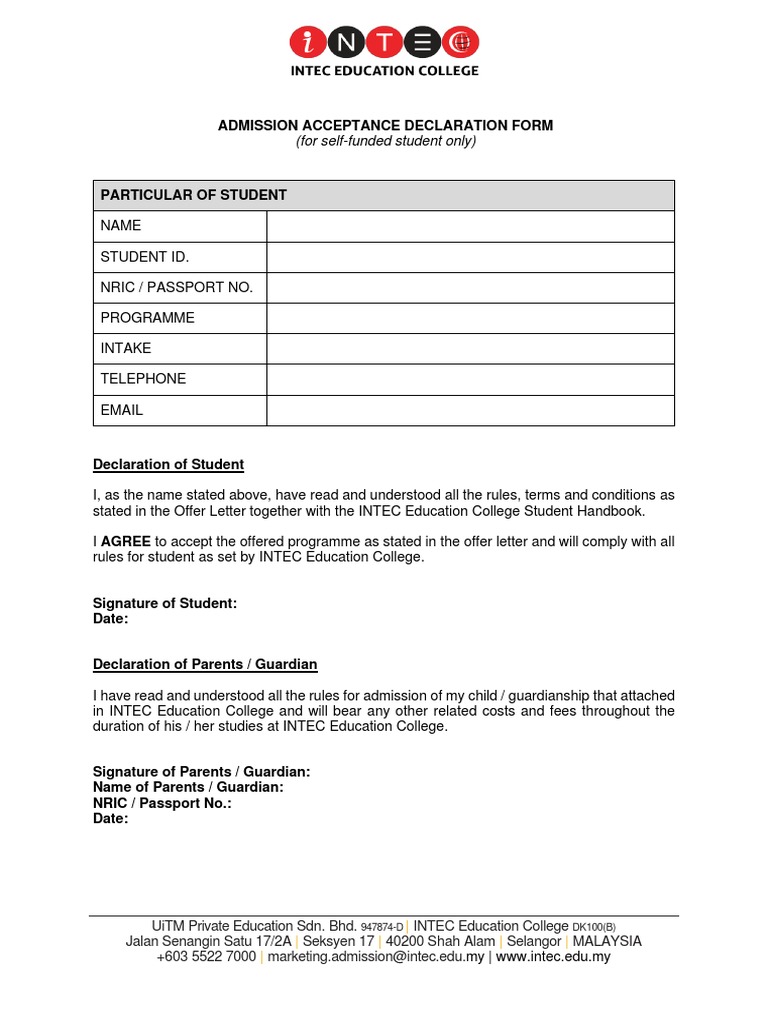 INTEC Admission Acceptance Declaration Form | PDF