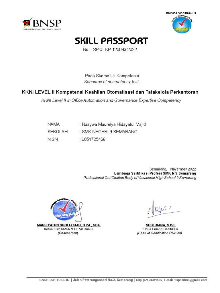 Skill Passport Nasywa Maurelya Hidayatul Majid LSP p1 Smkn9 SMG | PDF