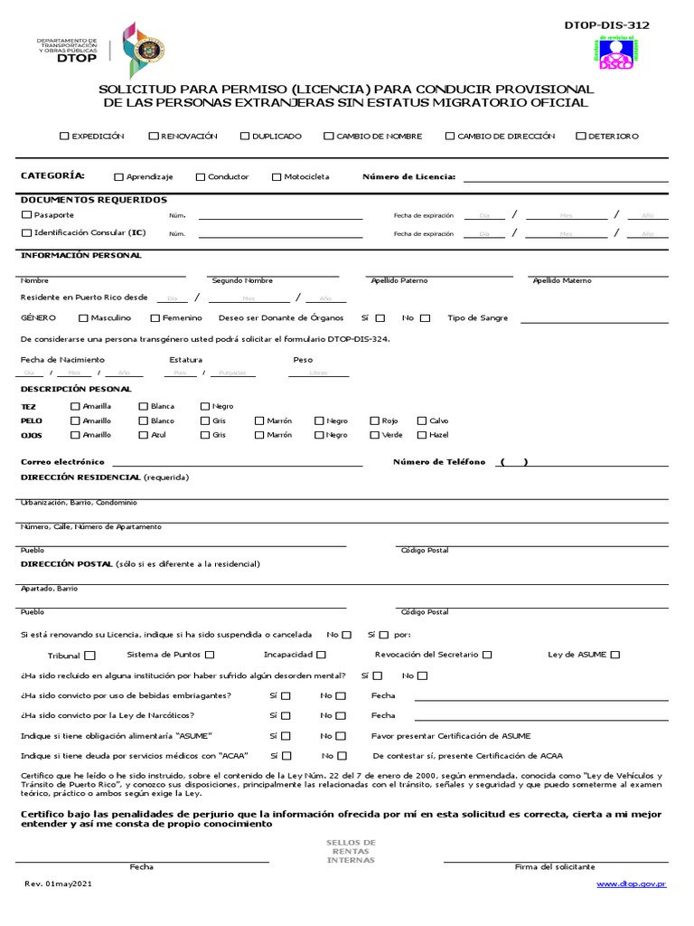 DTOP-DIS-312 Solicitud para Permiso (Licencia) para Conducir Vehiculos ...
