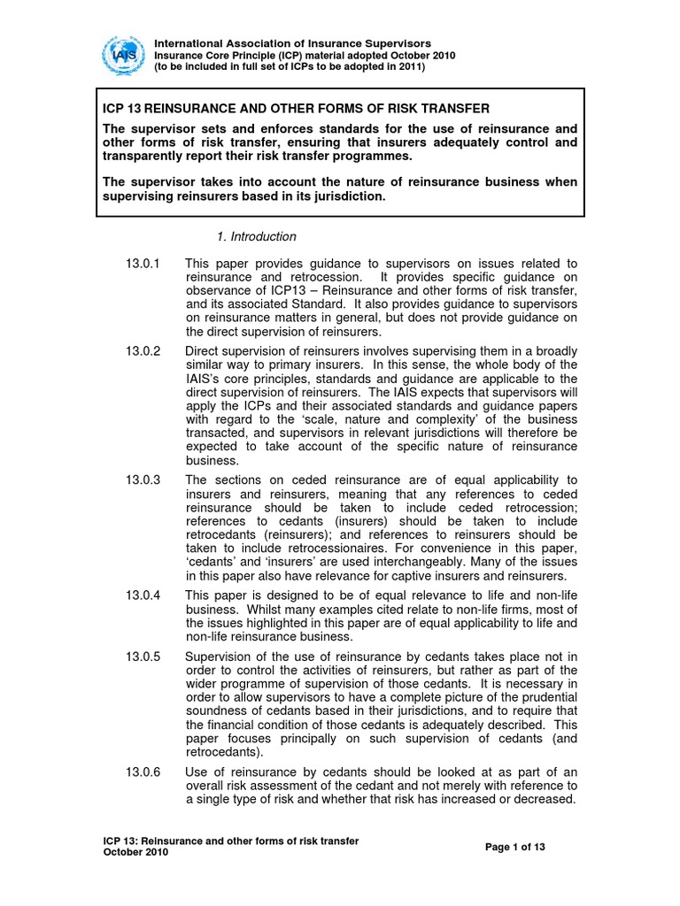 ICP 13 Reinsurance and Other Forms of Risk Transfer | PDF