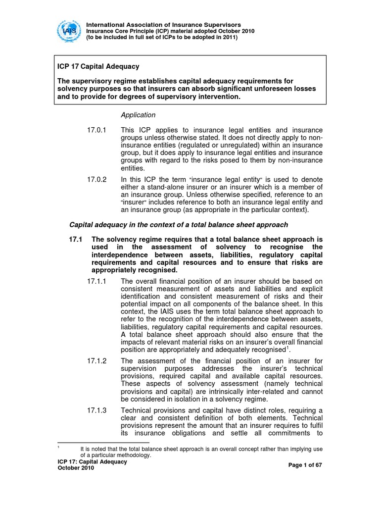 ICP 17 Capital Adequacy Standards and Guidance Material | PDF ...