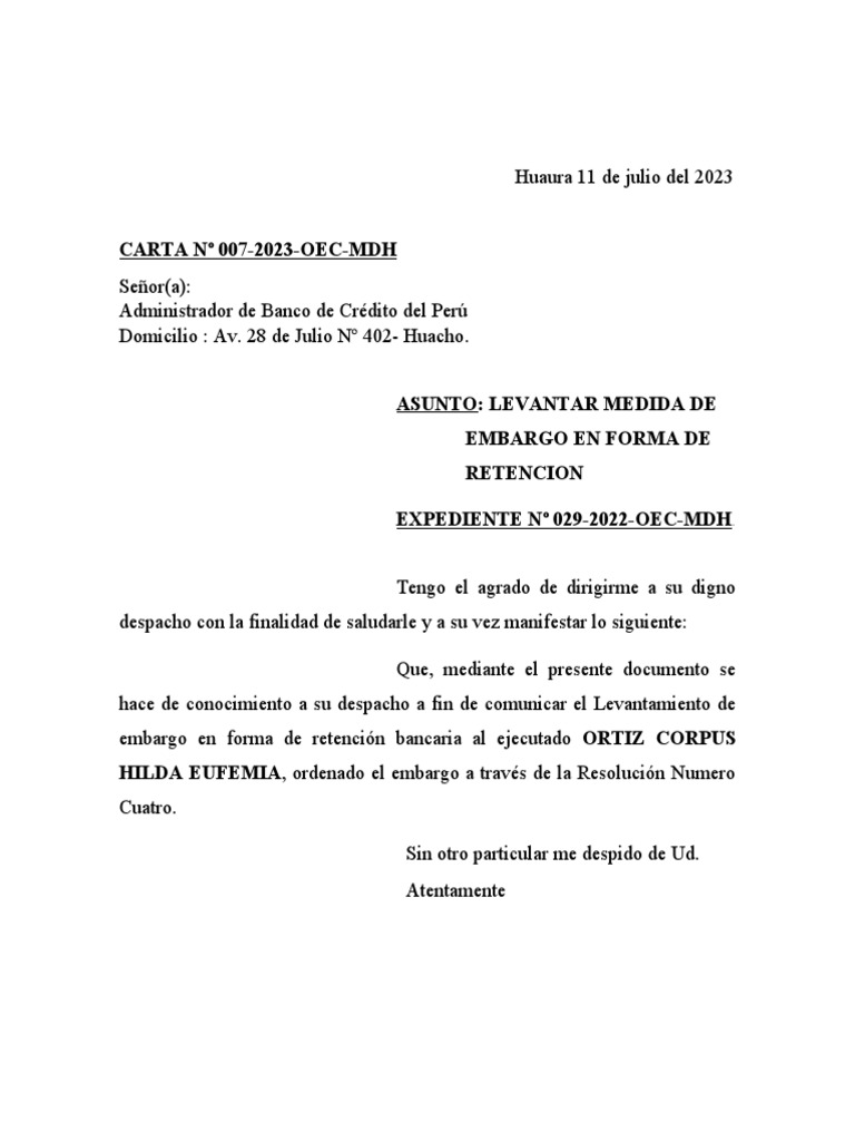 CARTA DE Solicitud LEVANTAMIENTO DE EMBARGO | PDF