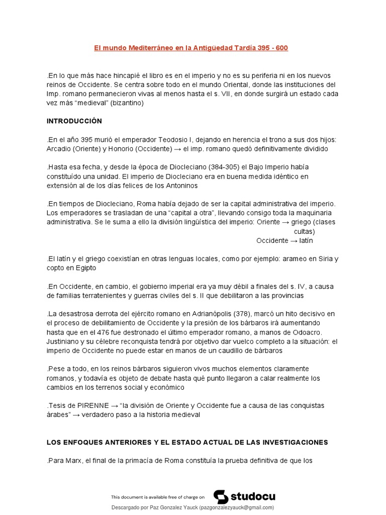Resumen Historia Medieval Averil Cameron El Mundo Mediterraneo en La ...