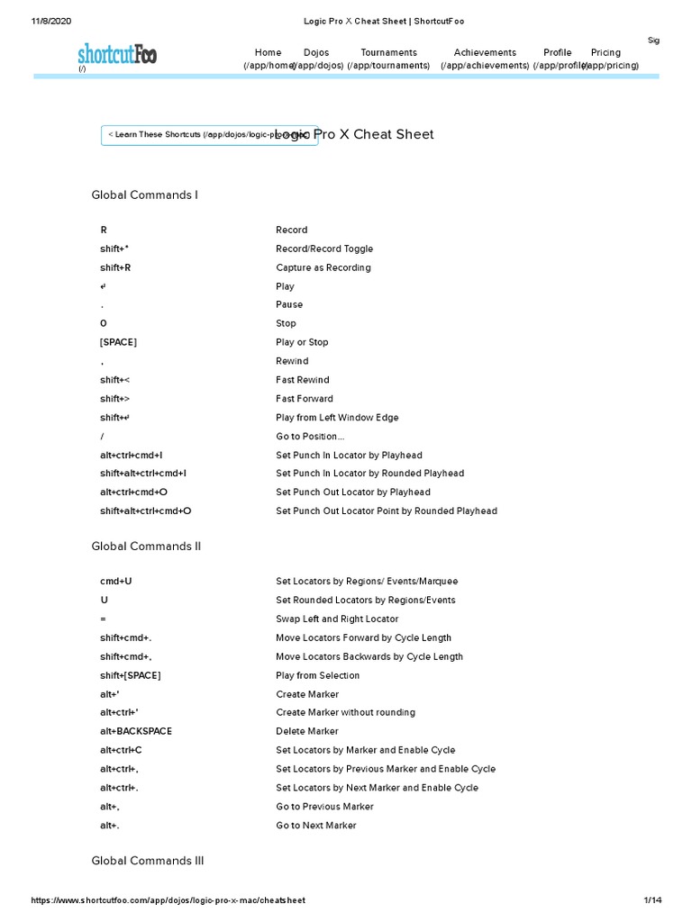 Logic Pro X Cheat Sheet (Atajos) | PDF | Computing | Computer Engineering