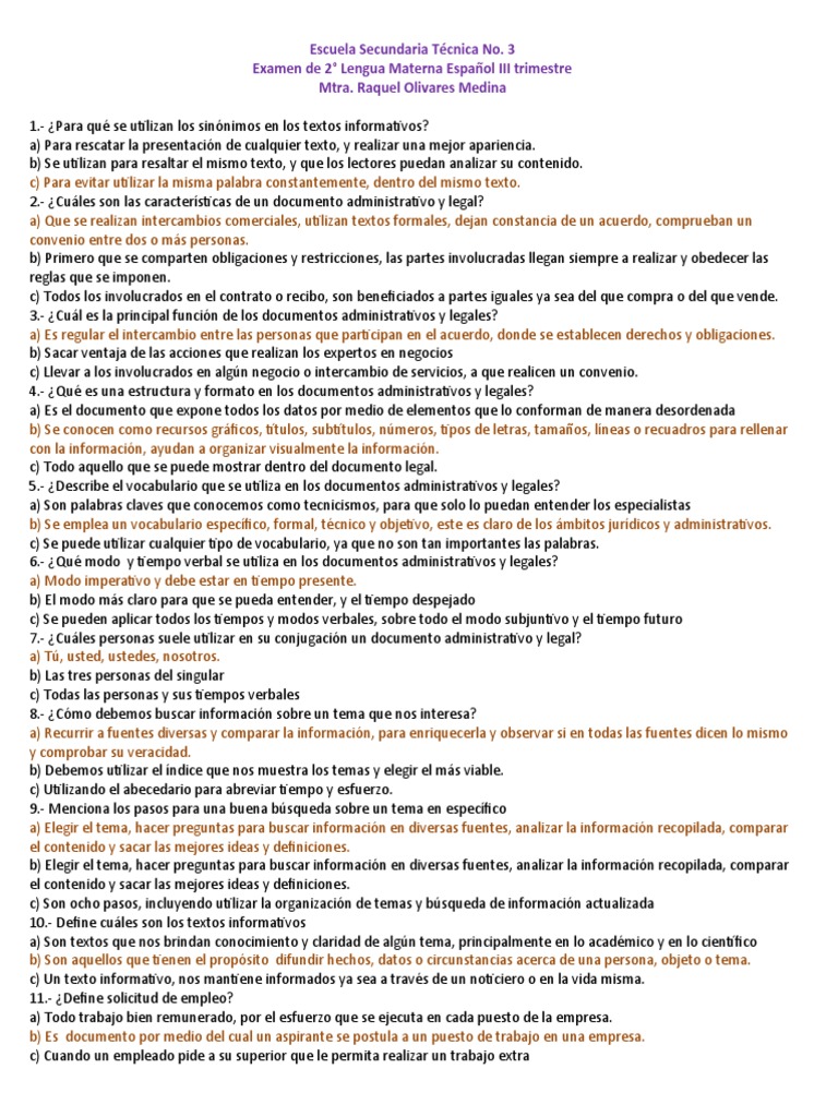 Examen de Español 2° Secundaria Resuelto | PDF | Información