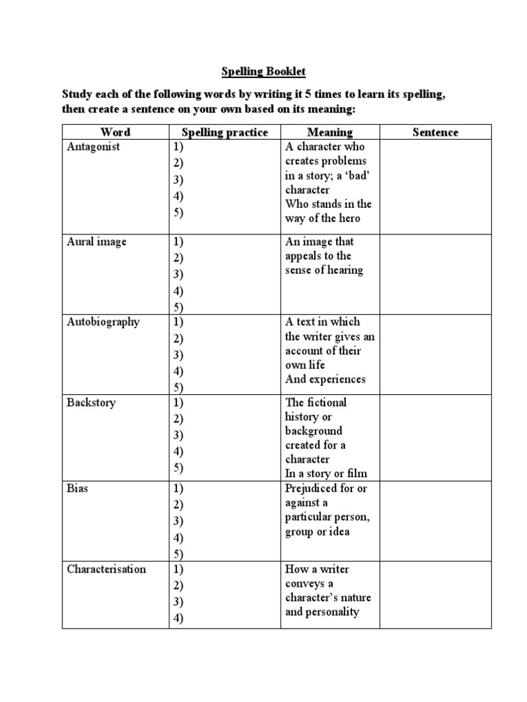 Spelling Booklet - Summer Break - English - Grade 7 | PDF