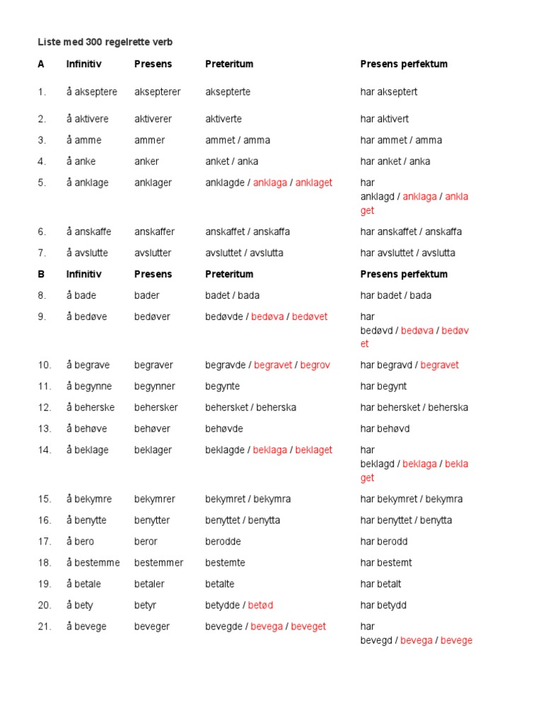 Liste Med 300 Regelrette Verb | PDF