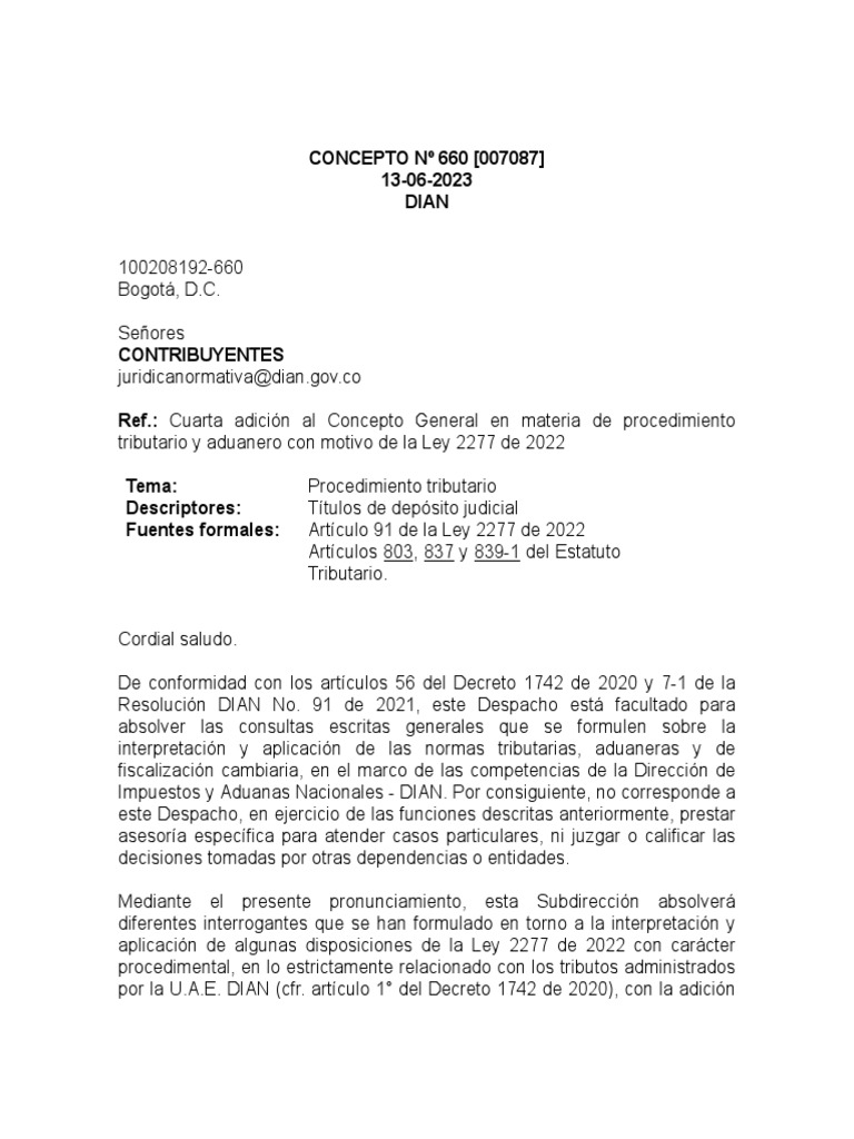 Concepto General No. 0660 - DIAN - Cuarta Adición Concepto ...