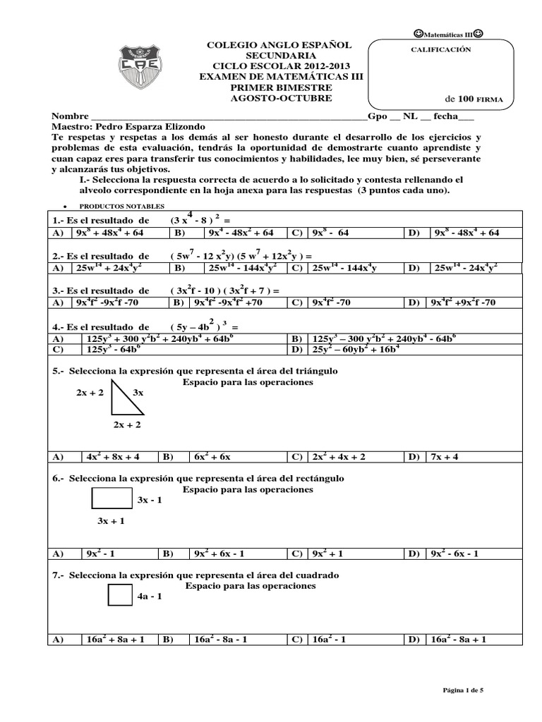Ex3 10 Octubre | PDF | Matemáticas | Matemática Elemental