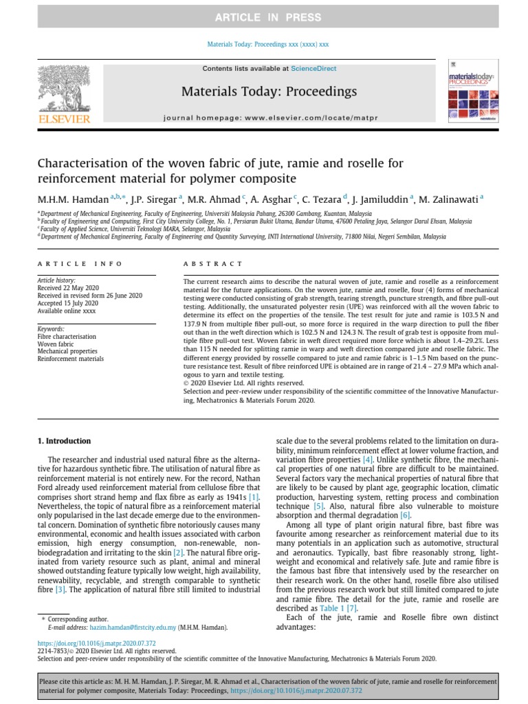 Characterisation of The Woven Fabric of Jute, Ramie and Roselle For | PDF | Composite Material ...