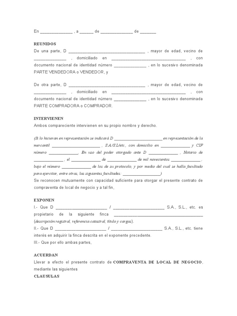 Modelo De Contrato De Compraventa De Local De Negocio PDF