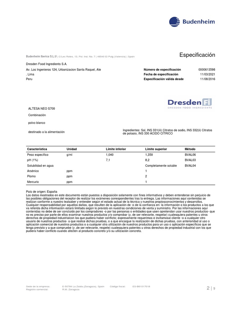 Budenheim Iberica: Especificación Altesa S700 | PDF