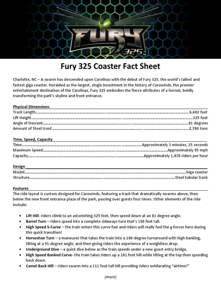 Fury 325 Fact Sheet | PDF | Amusement Park | Amusement Rides Based On ...