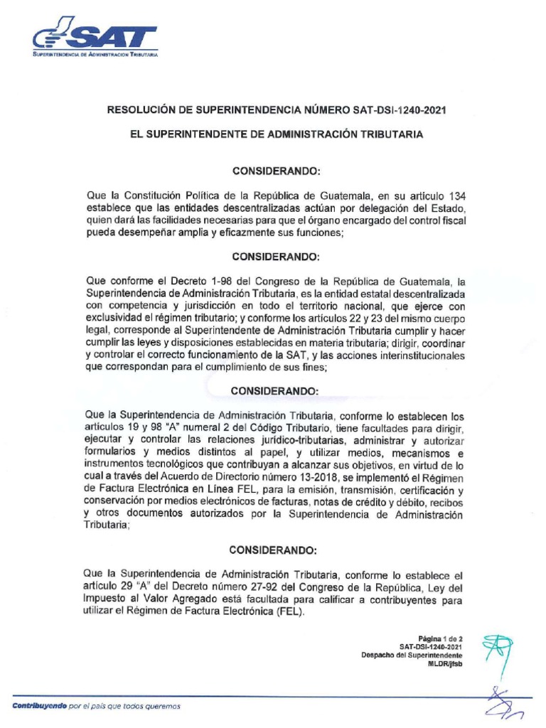 Resolucion R SAT DSI 1240 2021 Incorporacion FEL Contribuyentes Del ...