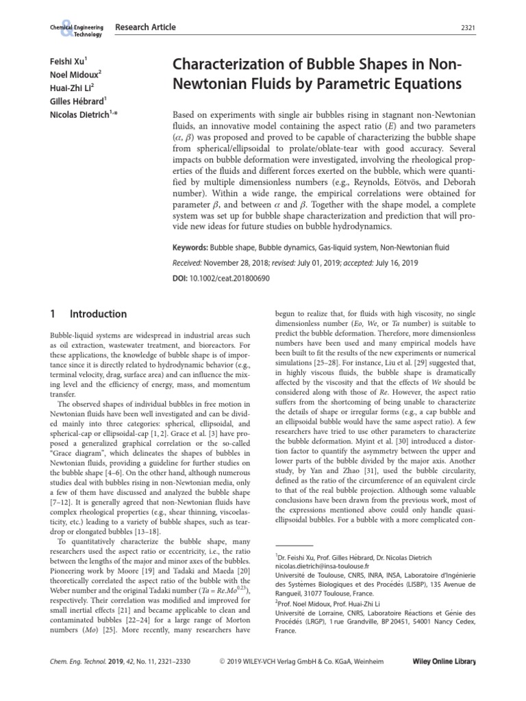 Chem Eng Technol 2019 Xu Characterization Of Bubble Shapes In Non Newtonian Fluids By