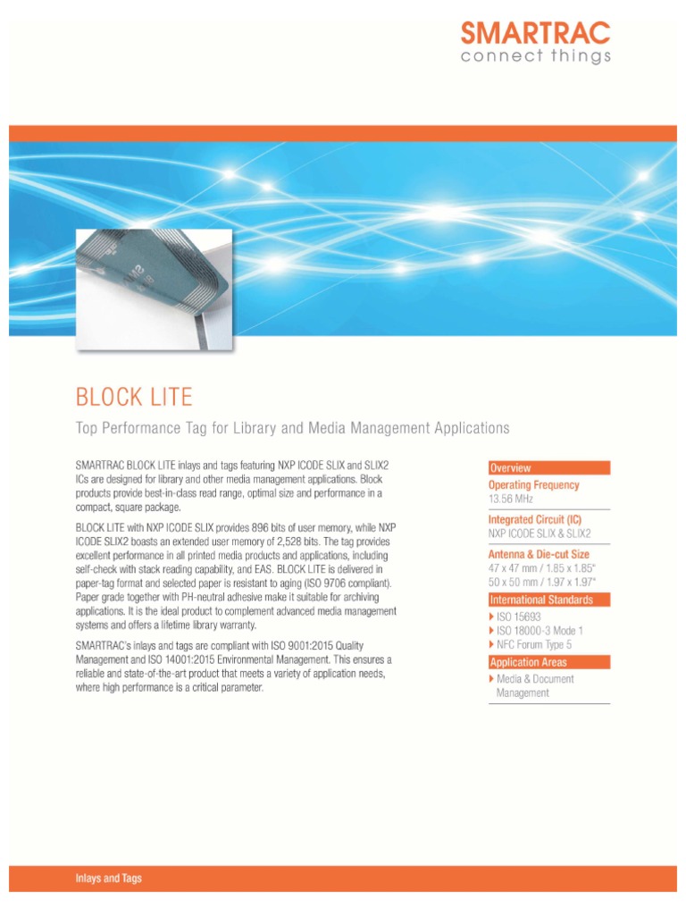 ATLAS SMARTRAC Block Lite HF RFID Paper Tag (NXP ICode SLIX II) | PDF