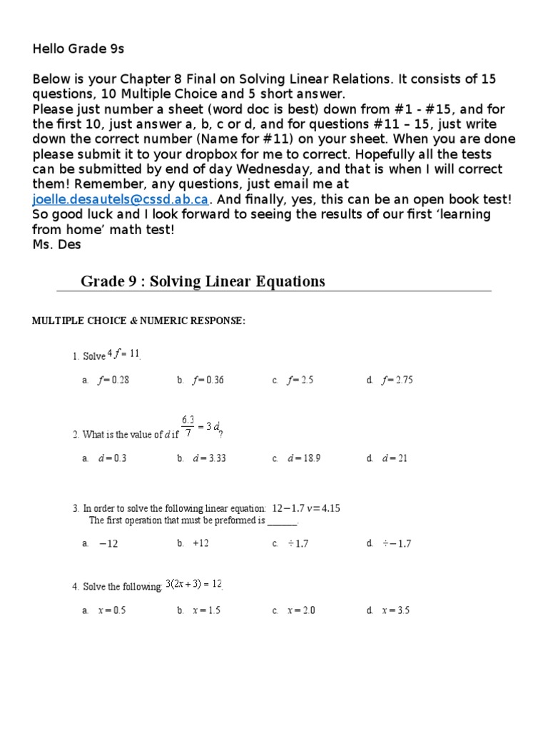 Grade 9: Solving Linear Equations: Joelle - Desautels@cssd - Ab.ca ...