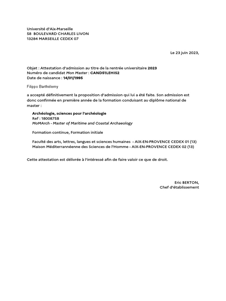 Attestation - Admission - Amu - Aix Marseille Universite | PDF