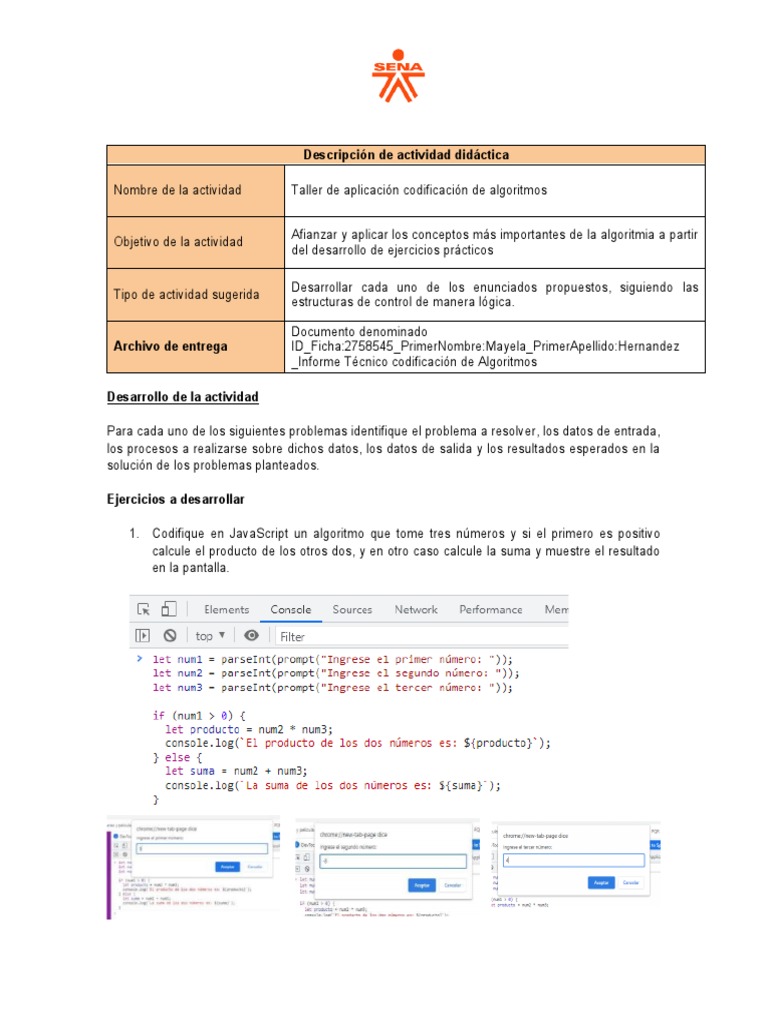 Anexo 03 Taller de Aplicacion Codificacion de Algoritmos 220501096 AA3 EV01 | PDF | Algoritmos ...