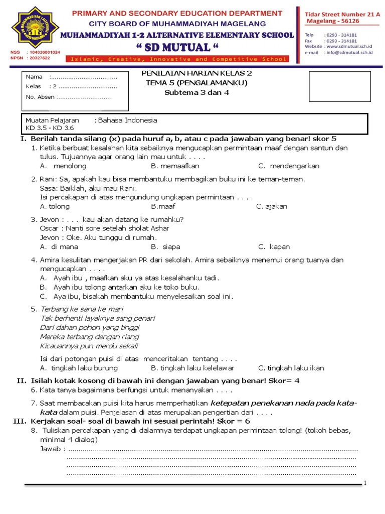 UH TEMA 5 SUBTEMA 3 & 4 - Jadi | PDF