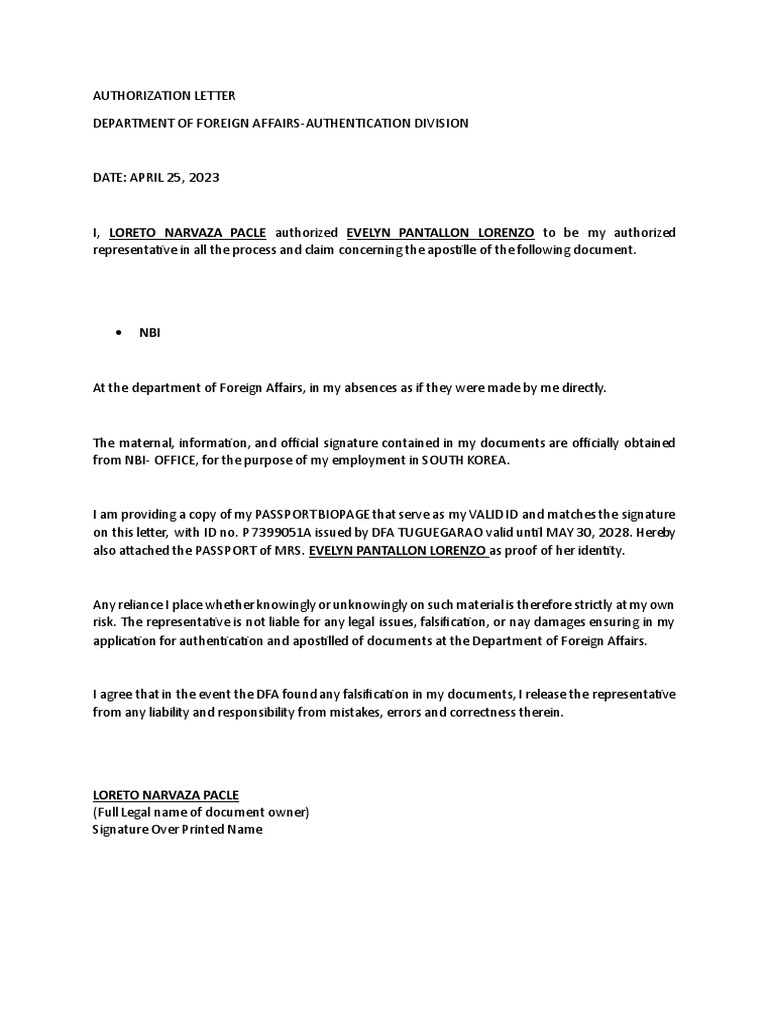 AUTHORIZATION LETTER Dfa | PDF