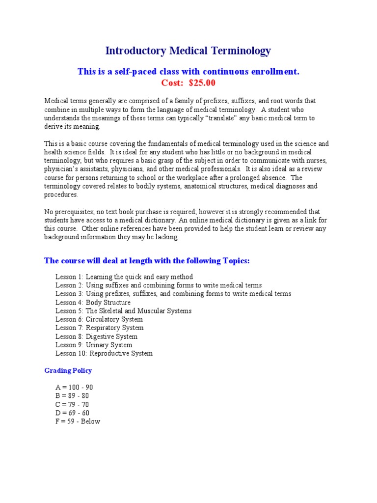 Introductory Medical Terminology - Syllabus | PDF | Physician | Health Care