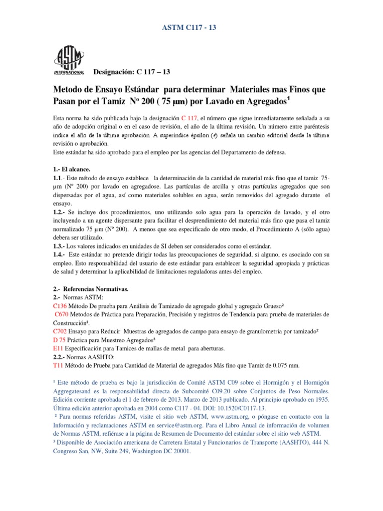 Método ASTM C117 para Agregados Finos | PDF | Agua