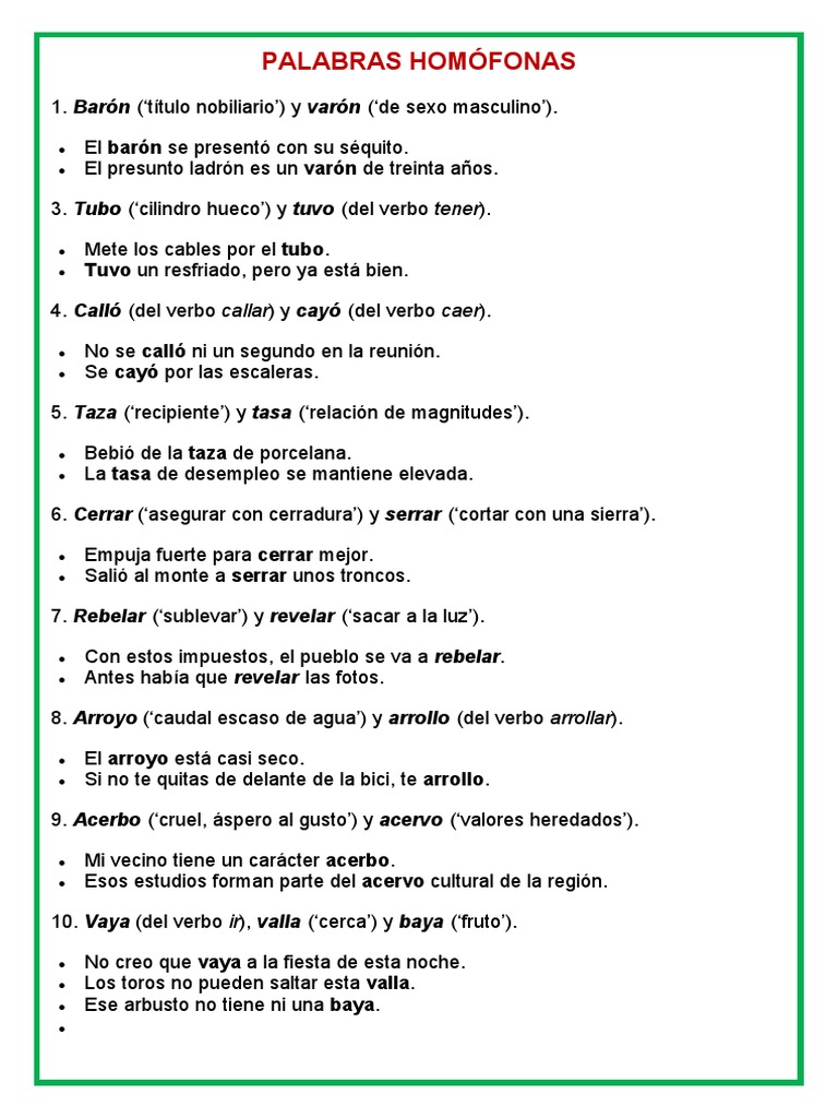 Palabras Homófonas y Ejemplos | PDF | Artes del Lenguaje y Comunicación