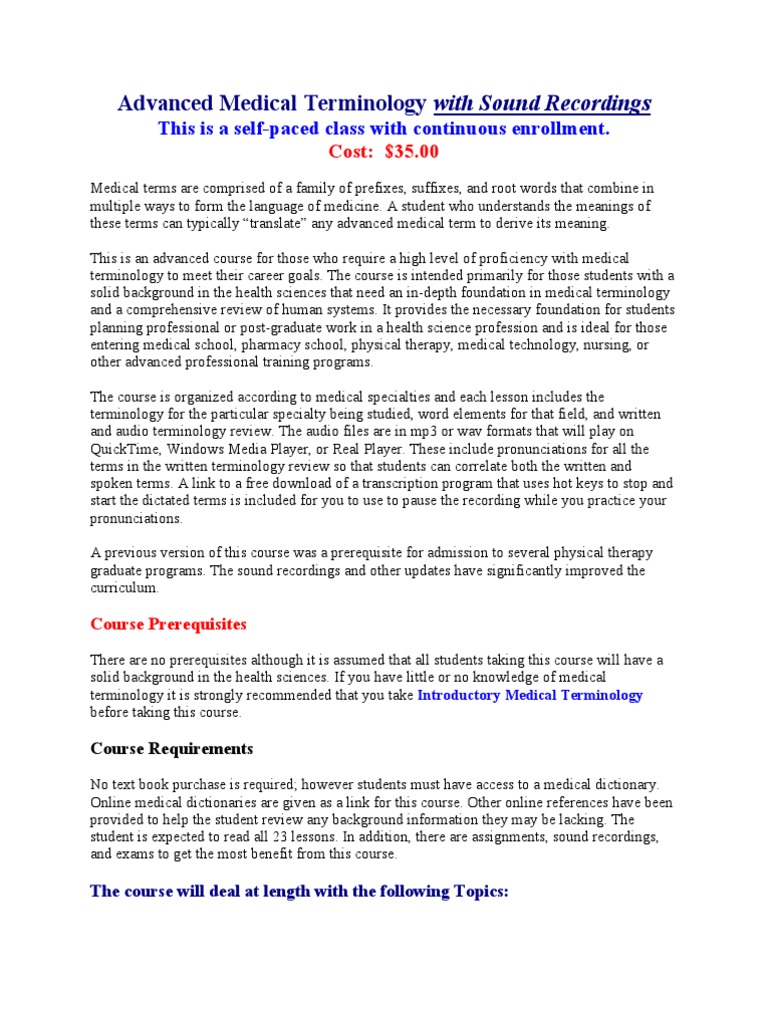 Advanced Medical Terminology With Sound Recordings Syllabus | PDF ...