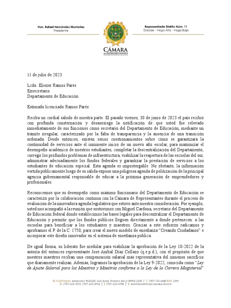Carta Del Presidente de La Cámara A Eliezer Ramos Parés | PDF ...
