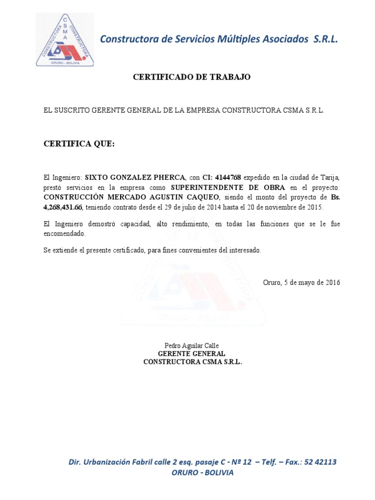 Certificados Laborales de Sixto González | PDF